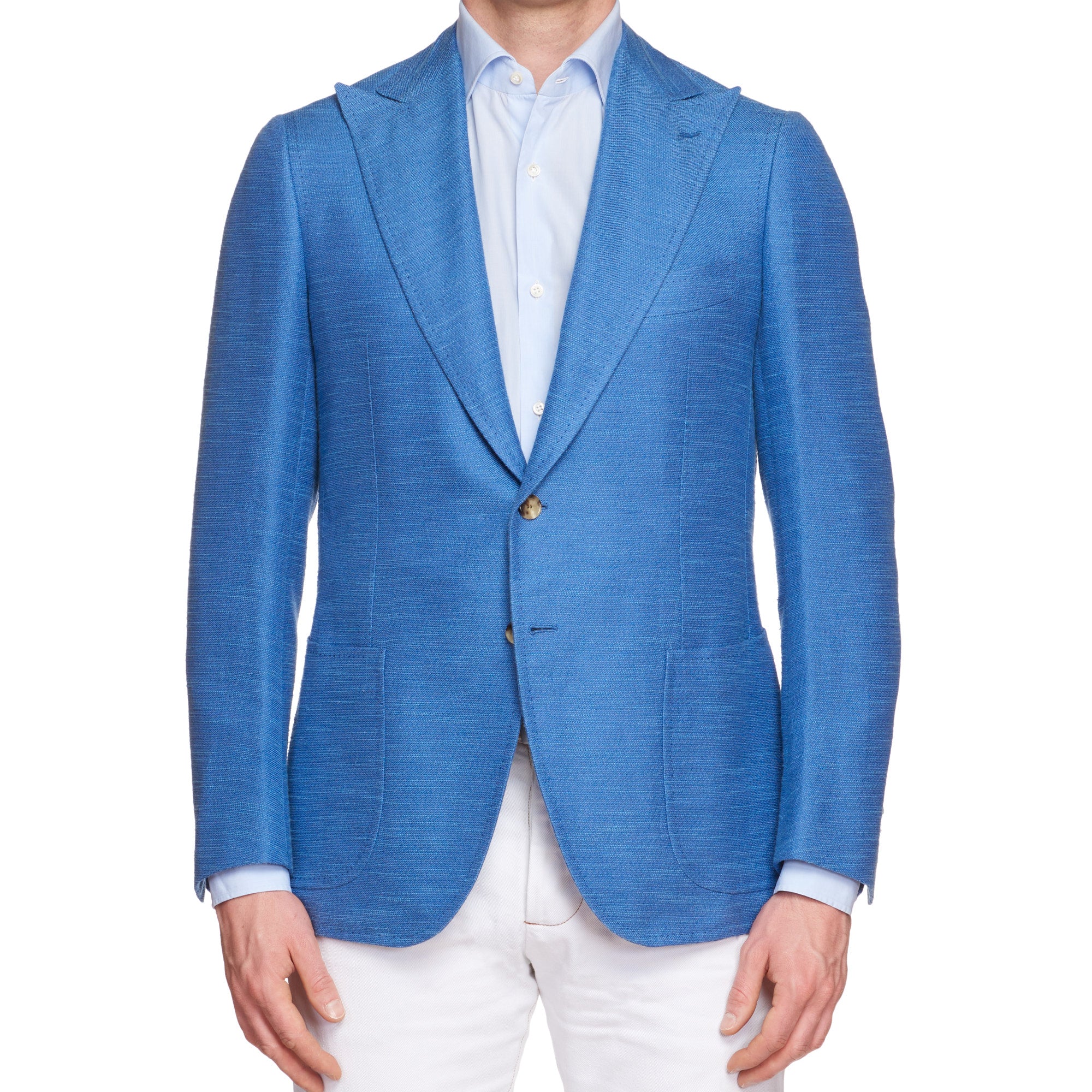 CESARE ATTOLINI Blue Cotton-Linen-Silk Unlined Peak Lapel Jacket 48 NE