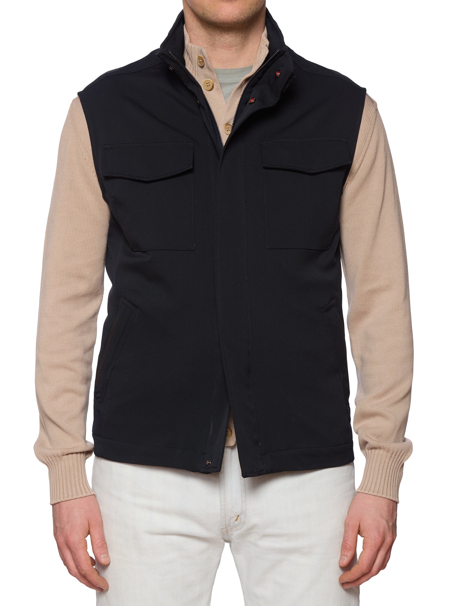 KITON KIRED "Timone 3" Blue Stretch Virgin Wool Vest M with Hidden Hoo